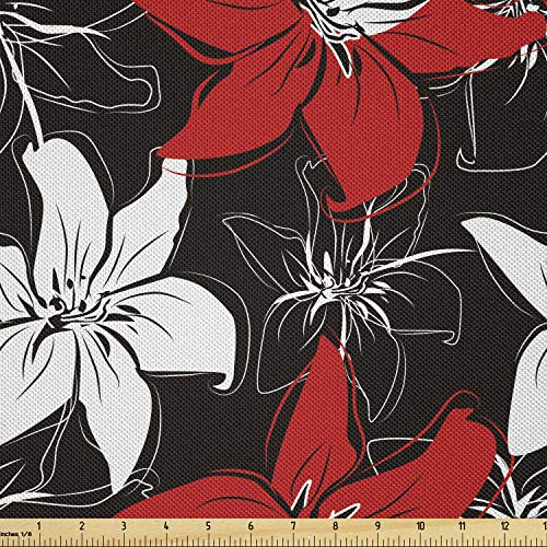 Ambesonne Red and Black Fabric by The Yard, Bedding Plants Flourishing Garden Pattern Retro Nature, Decorative Satin Fabric for Home Textiles and Crafts, 2 Yards, Black White Vermilion