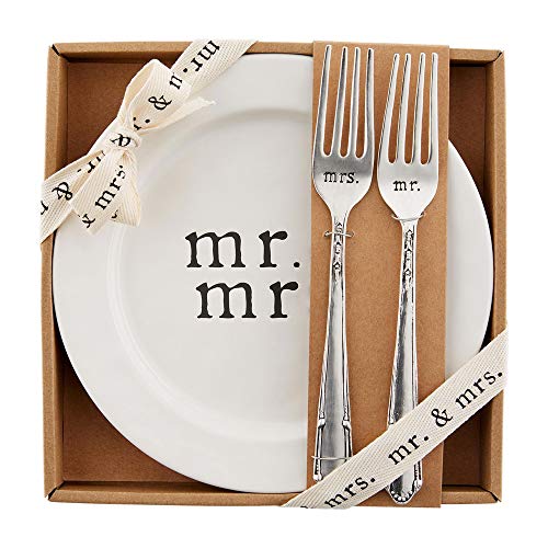 Mud Pie Mrs. Cake Set, plate 8" dia | fork 8", White