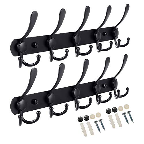 Efaithtek Coat Hanger Wall Mount ,Chrome Finish Coat Robe Hat Clothes Wall Mount Hook Hanger Towel Rack (2 Pack 15 Hooks (Black))