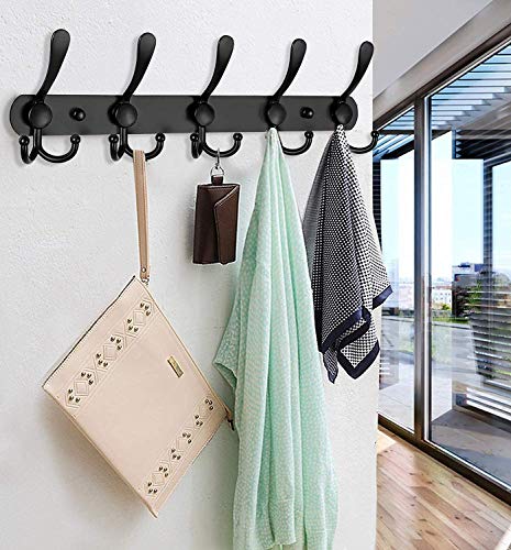 Efaithtek Coat Hanger Wall Mount ,Chrome Finish Coat Robe Hat Clothes Wall Mount Hook Hanger Towel Rack (2 Pack 15 Hooks (Black))