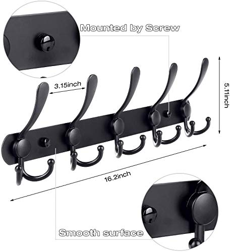 Efaithtek Coat Hanger Wall Mount ,Chrome Finish Coat Robe Hat Clothes Wall Mount Hook Hanger Towel Rack (2 Pack 15 Hooks (Black))