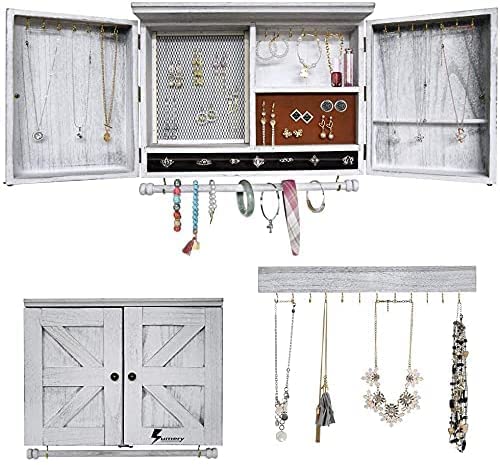 GLANT Rustic Wall Mounted Jewelry Organizer with Wooden Barndoor Decor,Wooden Wall Mount Holder,Jewelry holder for Necklaces, Earings, Bracelets, Ring Holder (milky)