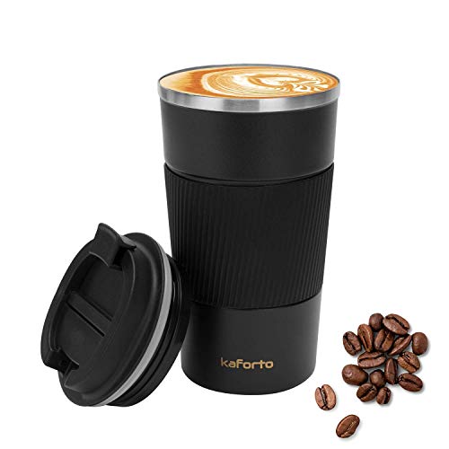 kaforto 16oz Insulated Coffee Travel Mug Stainless Steel Vacuum Coffee Cup Leakproof with Screw Lid Double Wall Coffee Tumbler Reusable Thermal Cup for Hot/Iced Beverage - 510ml, Black