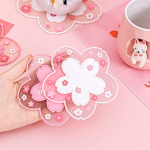 Sakura Coffee Cup Mat Kawaii Coaster 2PCS Cute Cherry Blossom PVC Home Tea Mug Pink Flower Pattern Durable Anti-Skid Pot Bowl Pad Placemat for Desk Drink Table Decor Kawaii Accessories (Small)