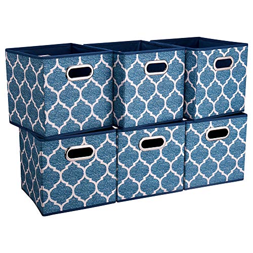 6 Cube Storage Bins Blue Navy 13x13x13 Inch Foldable Grid Lantern Print Fabric Storage Basketes for Home Organizers Storage Drawer,QY-SC02-6