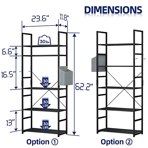 NUMENN 5 Tier Bookshelf, Tall Bookcase Shelf Storage Organizer, Modern Book Shelf with Storage Bag and Hook for Bedroom, Living Room and Home Office, Black