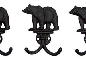 Rustic Black Bear Cast Iron Double Wall Hooks, Set of 3, 5.25 Inches