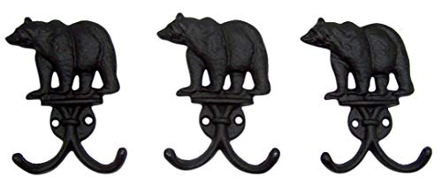 Rustic Black Bear Cast Iron Double Wall Hooks, Set of 3, 5.25 Inches