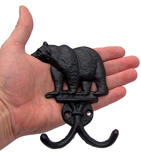 Rustic Black Bear Cast Iron Double Wall Hooks, Set of 3, 5.25 Inches