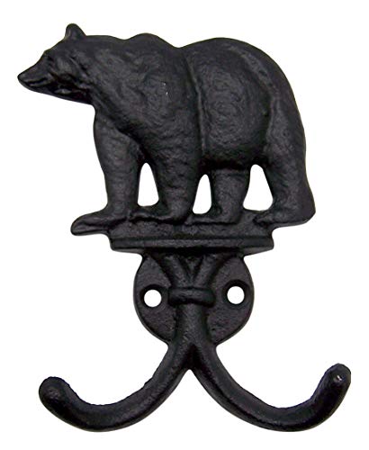 Rustic Black Bear Cast Iron Double Wall Hooks, Set of 3, 5.25 Inches