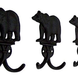 Rustic Black Bear Cast Iron Double Wall Hooks, Set of 3, 5.25 Inches