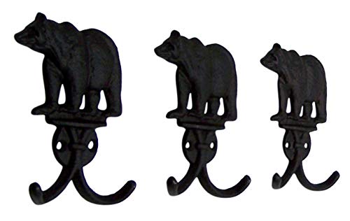 Rustic Black Bear Cast Iron Double Wall Hooks, Set of 3, 5.25 Inches