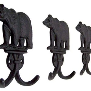 Rustic Black Bear Cast Iron Double Wall Hooks, Set of 3, 5.25 Inches