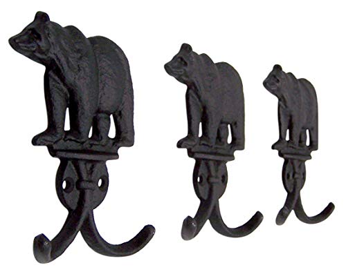 Rustic Black Bear Cast Iron Double Wall Hooks, Set of 3, 5.25 Inches