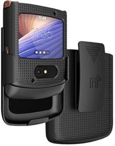 case with clip for motorola razr 5g flip phone, nakedcellphone [black] hard shell slim cover with [rotating/ratchet] belt hip holster holder combo for motorola moto razr 5g flip phone (2020) xt2071