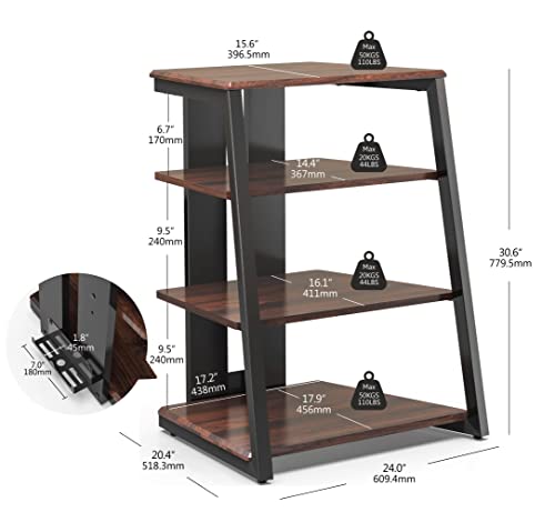 FITUEYES Design 4-Tier AV Media Stand Corner Shelf Stand Wooden Corner Shelves Component Cabinet Stereo Rack Audio Tower with Height Adjustable Wooden Shelves for/Apple Tv/Xbox One/ps4 (Walnut)