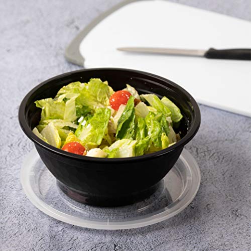 PLASTICPRO [4 Sets] 38 Ounce Black Plastic Salad Bowls With Airtight Clear Lids To Go Perfect to use as Lunch box, Food Storage, Salad Bowl, & for Every day use