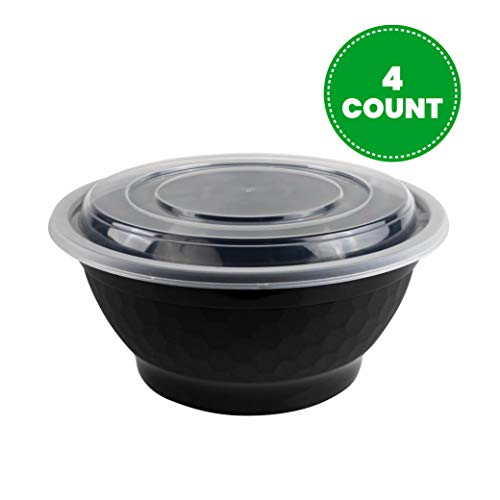 PLASTICPRO [4 Sets] 38 Ounce Black Plastic Salad Bowls With Airtight Clear Lids To Go Perfect to use as Lunch box, Food Storage, Salad Bowl, & for Every day use