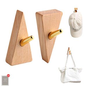 2pcs wood adhesive hooks natural wooden coat wall hooks wall mounted entryway heavy duty modern organizer single hooks hangers, golden decorative handmade craft hat rack (triangle beech wood)