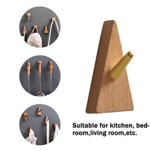 2Pcs Wood Adhesive Hooks Natural Wooden Coat Wall Hooks Wall Mounted Entryway Heavy Duty Modern Organizer Single Hooks Hangers, Golden Decorative Handmade Craft Hat Rack (Triangle Beech Wood)