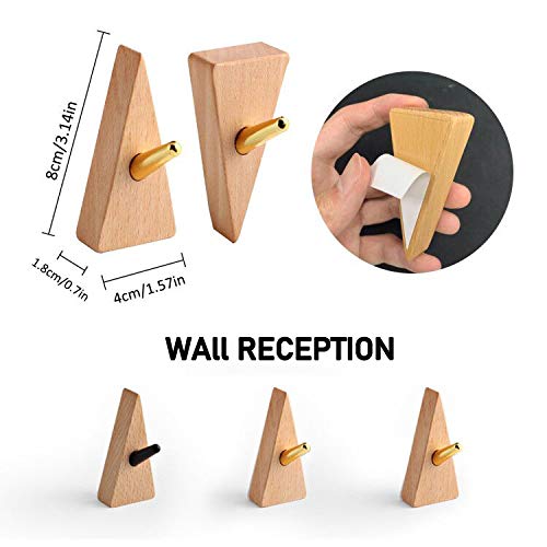 2Pcs Wood Adhesive Hooks Natural Wooden Coat Wall Hooks Wall Mounted Entryway Heavy Duty Modern Organizer Single Hooks Hangers, Golden Decorative Handmade Craft Hat Rack (Triangle Beech Wood)