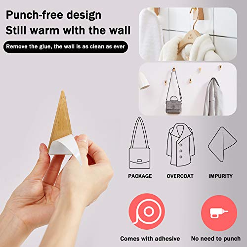 2Pcs Wood Adhesive Hooks Natural Wooden Coat Wall Hooks Wall Mounted Entryway Heavy Duty Modern Organizer Single Hooks Hangers, Golden Decorative Handmade Craft Hat Rack (Triangle Beech Wood)