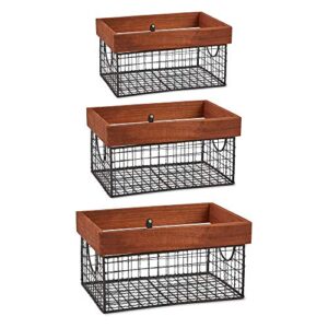 dii farmhouse wood rimmed wire storage basket set, bronze, assorted