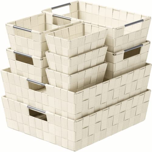 Woven Storage Baskets For Organizing - Set Of 9 Fabric Empty Organizer Bins With Handles - Great Bin For Organization, Linen Closet Shelves & Bathroom Basket. Empty Baskets For Gifts - (Cream)