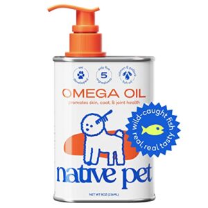 native pet omega oil for dogs - dog fish oil supplements with omega 3 epa dha - supports itchy skin + mobility - omega 3 fish oil for dogs liquid pump is easy to serve - a fish oil dogs love! (8 oz)