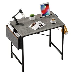 bestier computer 32 inch modern mini style office desk with adjustable metal frame, storage bag, and working table for small bedroom space, grey