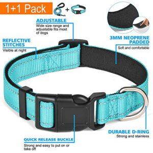 Ladoogo Reflective Dog Collar Padded with Soft Neoprene Breathable Adjustable Nylon Dog Collars for Small Medium Large Dogs (Collar+Leash M Neck 16"-19", Blue)