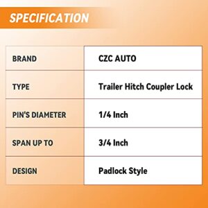 CZC AUTO Trailer Lock Dia 1/4 Inch, Coupler Lock 3/4 Inch Span Trailer Hitch Lock with Keys Trailer Coupler Lock for Tow Boat RV Truck Car's Coupler (1 Pack, Brass)