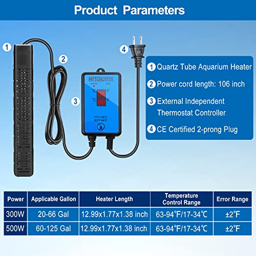 HiTauing Aquarium Heater, Upgraded 300W/500W Fish Tank Heater with Intelligent Leaving Water Automatically Stop Heating and Advanced Temperature Control System, Suitable for Saltwater and Freshwater