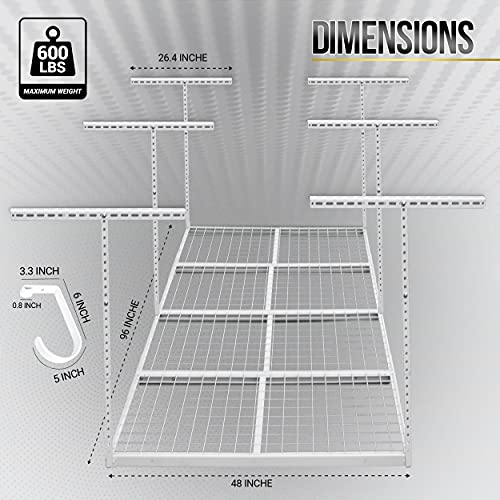 Powerack Overhead Garage Shelving Storage Rack,Adjustable 4’ x 8’ Ceiling Garage Organization Shelf,22-40 inch Ceiling Dropdown,Heavy Duty Mounted Storage Shelves with 4 Flat Hooks