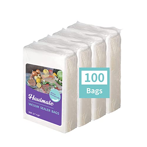 HAULMATE 11"x16" Vacuum Seal Bags - 100 Bags Food Saver Bags, Maximum Vacuum Sealer Suction for Sous Vide Cooking, Freezer & Microwave-Safe, Clamp Sealer Compatible, 7-layer Pierce-Resistant Material