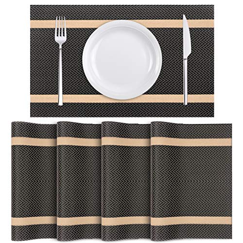 PetsHome Placemats, Washable and Heat-Resistant Table Mats, Non-Slip Woven PVC Placemats for Dining Table Sets of 4 Black