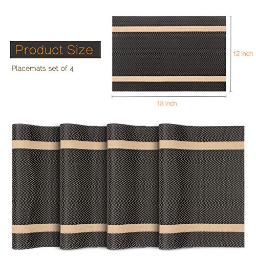 PetsHome Placemats, Washable and Heat-Resistant Table Mats, Non-Slip Woven PVC Placemats for Dining Table Sets of 4 Black