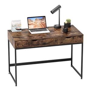 bestier small rectangular office writing computer workstation vanity makeup desk minimal elegant simple style with 2 large drawers, rustic brown