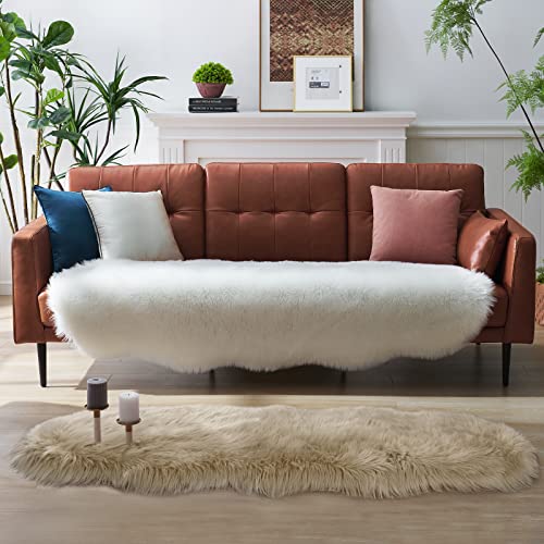 Faux Fur Rug for Bedroom, Fluffy Runner Rugs Soft Sheepskin Rug Sofa Couch Seat Cushion, 2x6ft Beige Plush Area Rug Shag Rugs Floor Carpets for Nursery Bedside, Cute Shaggy Fuzzy Home Decor