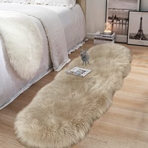 Faux Fur Rug for Bedroom, Fluffy Runner Rugs Soft Sheepskin Rug Sofa Couch Seat Cushion, 2x6ft Beige Plush Area Rug Shag Rugs Floor Carpets for Nursery Bedside, Cute Shaggy Fuzzy Home Decor