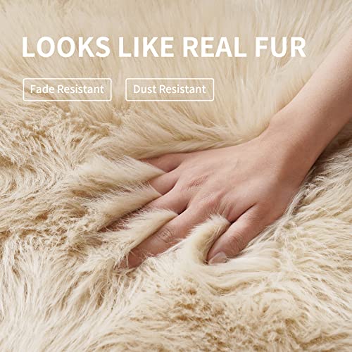 Faux Fur Rug for Bedroom, Fluffy Runner Rugs Soft Sheepskin Rug Sofa Couch Seat Cushion, 2x6ft Beige Plush Area Rug Shag Rugs Floor Carpets for Nursery Bedside, Cute Shaggy Fuzzy Home Decor