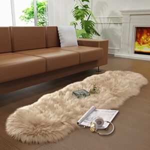 Faux Fur Rug for Bedroom, Fluffy Runner Rugs Soft Sheepskin Rug Sofa Couch Seat Cushion, 2x6ft Beige Plush Area Rug Shag Rugs Floor Carpets for Nursery Bedside, Cute Shaggy Fuzzy Home Decor