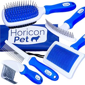 horicon pet 6 in 1 premium dog brush set - dog grooming brushes - ball pin & bristle brush, curved blade dematting comb, slicker brush, deshedding edge comb, detangling pet comb