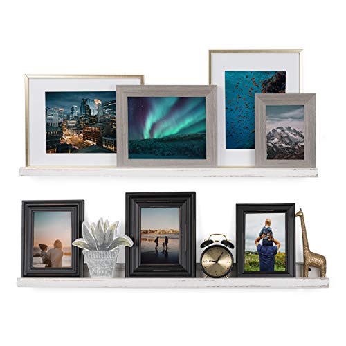 Rustic State Ted Narrow Wall Mount Wood Picture Ledge Photo Frame Display Floating Shelf for Living Room, Office, Kitchen, Bedroom, Bathroom Décor Storage - 36 Inch - Set of 2 - Washed White