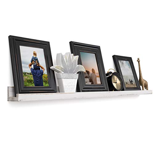 Rustic State Ted Narrow Wall Mount Wood Picture Ledge Photo Frame Display Floating Shelf for Living Room, Office, Kitchen, Bedroom, Bathroom Décor Storage - 36 Inch - Set of 2 - Washed White