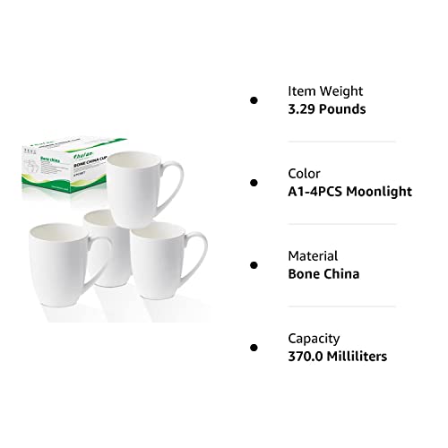 Upscale Coffee Mugs Set of 4, Fine Bone China Coffee Cups 12 OZ, Over 45% Bone Content Coffee Mugs for Women and Men, Lightweight White Ceramic Coffee Mug Gift Sets (Moonlight)