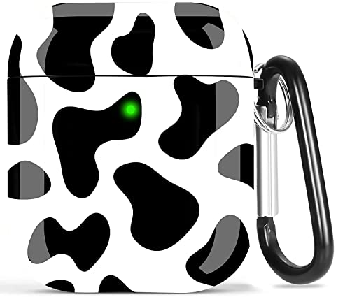 Airpods Case Cover Cow, Olytop Cute Airpods Protective Case Cover Printed Hard Skin Women Girl for Apple Airpods Charging Case with Keychain AirPods 2nd 1st Gen (Black Cow)