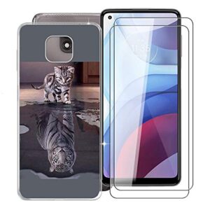 phone case for motorola moto g power 2021 (6.6"), with [2 x tempered glass protective film], kjyf clear soft tpu shell ultra-thin [anti-scratch] [anti-yellow] case for moto g power 2021 - cat or tiger