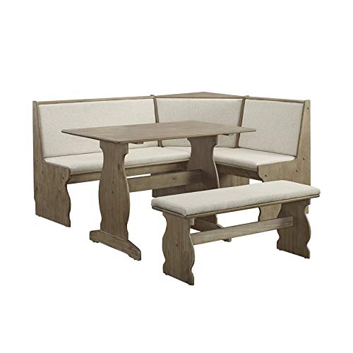 Riverbay Furniture Patio Conversation Indoor 3 Piece Kitchen Breakfast Corner Table Booth Bench Natural Fabric Upholstered Dining Nook Set in Brown