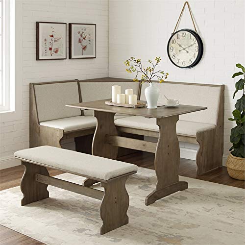 Riverbay Furniture Patio Conversation Indoor 3 Piece Kitchen Breakfast Corner Table Booth Bench Natural Fabric Upholstered Dining Nook Set in Brown